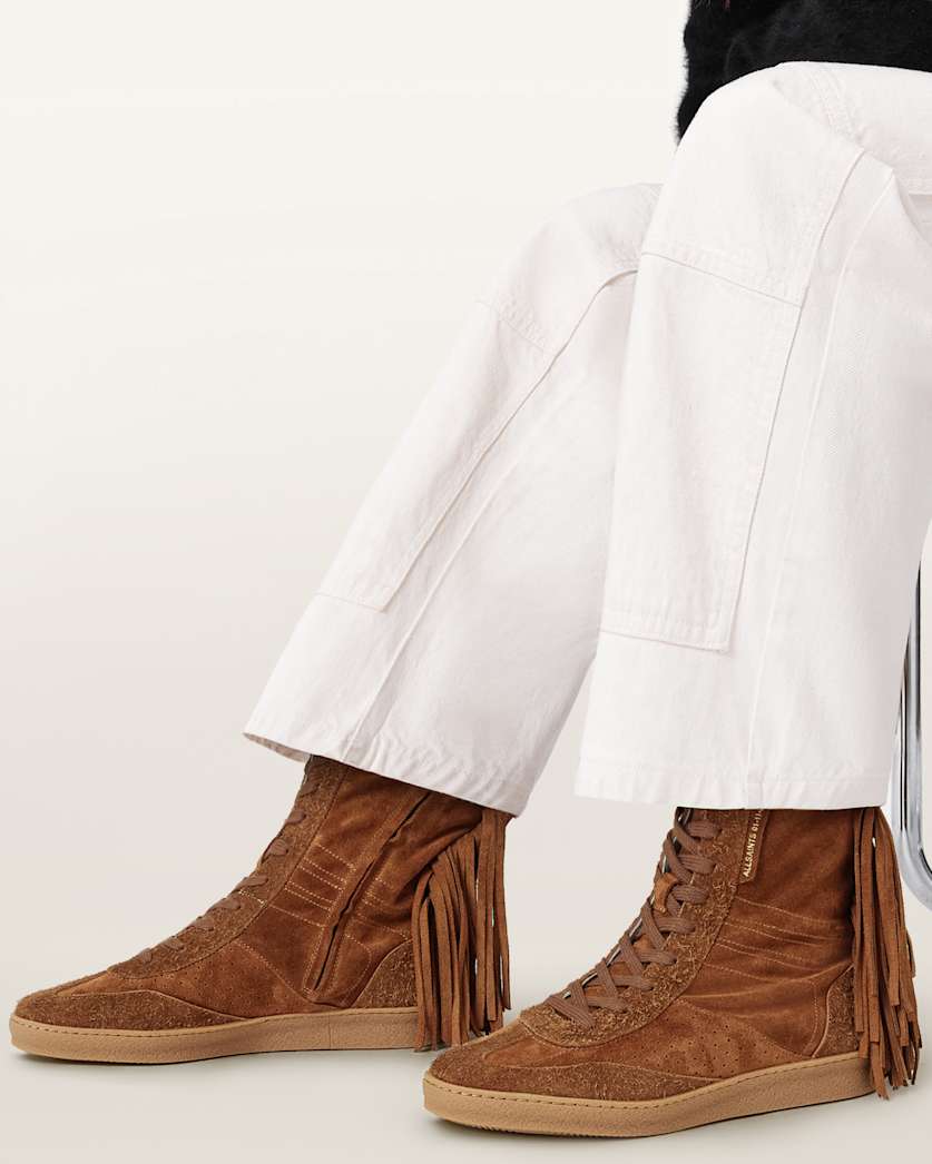 Louise Suede Fringe Trainers Tan Brown | ALLSAINTS Canada